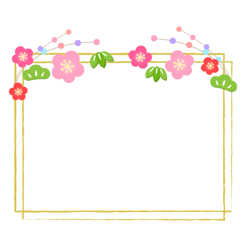 かわいい達磨(だるま)と梅の花の四角フレーム・枠イラスト フリー素材 イラストミント
